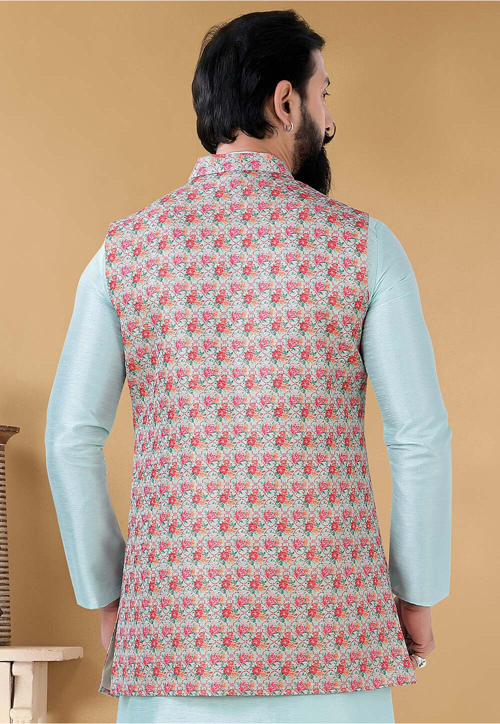 Buy Digital Printed Art Silk Long Nehru Jacket in Dusty Green Online ...