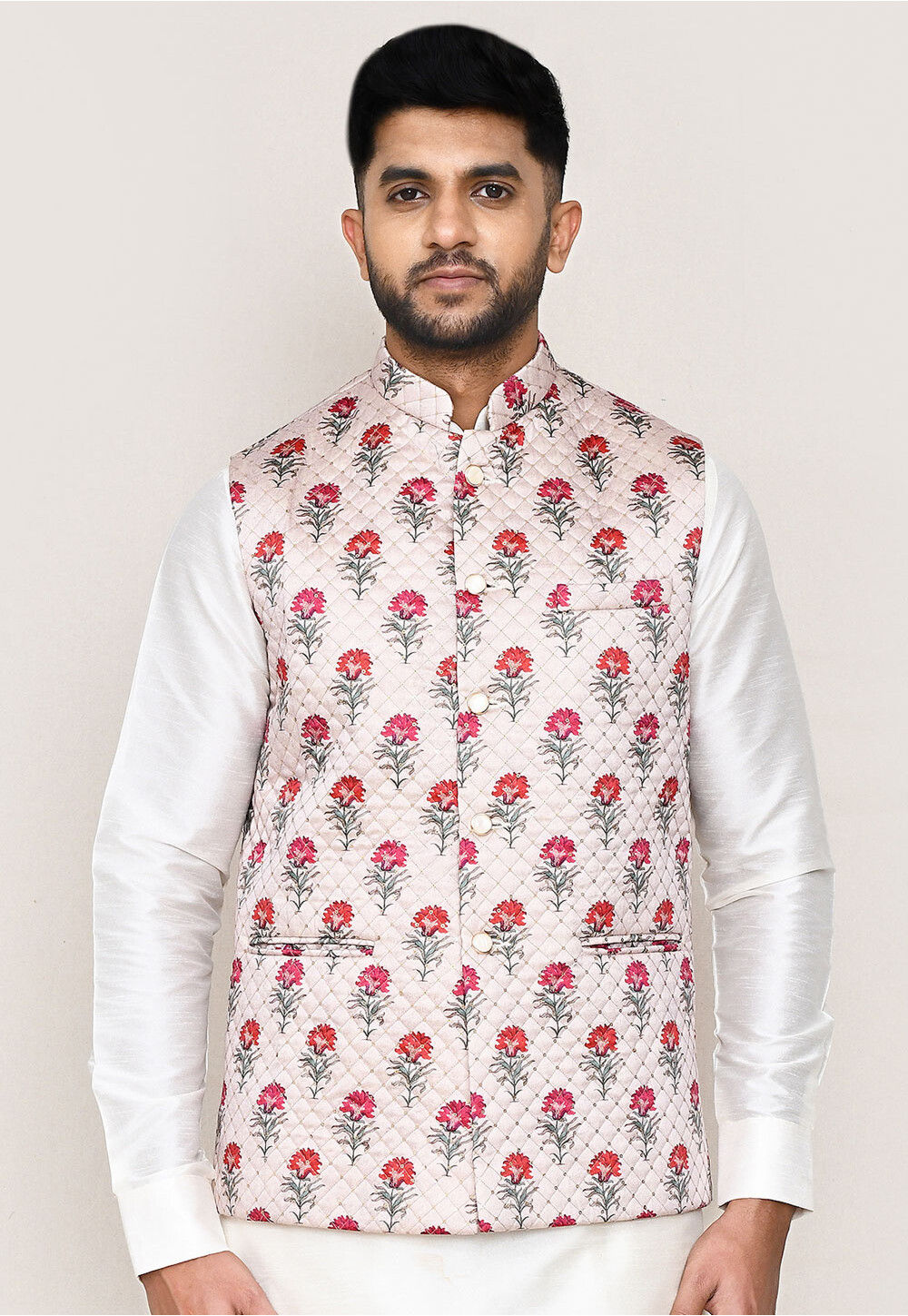 Buy Digital Printed Art Silk Nehru Jacket in Cream Online : MGZ43 - Utsav Fashion