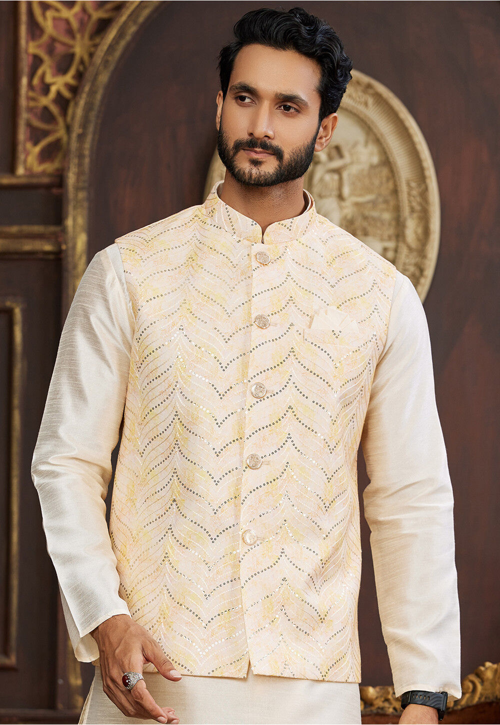 Buy Digital Printed Art Silk Nehru Jacket in Light Beige Online : MLY2303 - Utsav Fashion