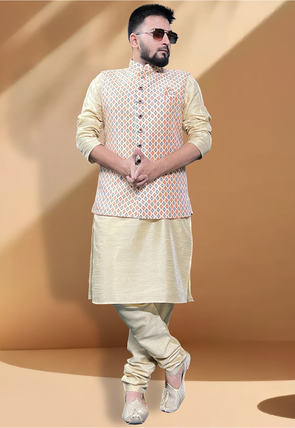 Buy Digital Printed Art Silk Nehru Jacket in Light Beige Online : MUY1104 - Utsav Fashion