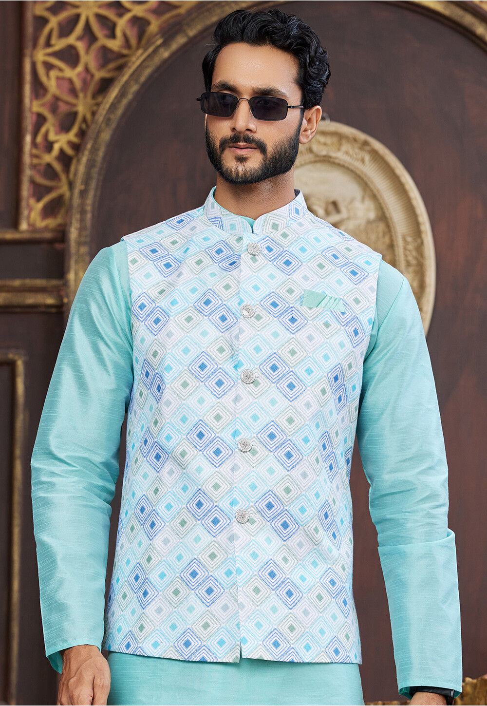 Buy Digital Printed Art Silk Nehru Jacket in Light Blue Online ...