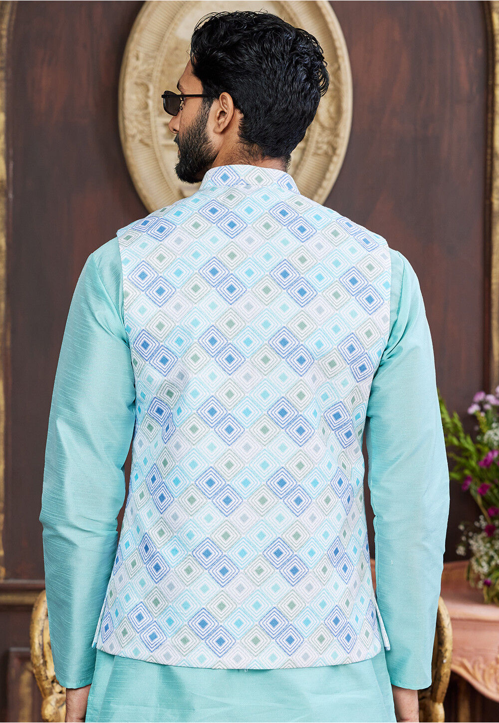Buy Digital Printed Art Silk Nehru Jacket in Light Blue Online ...