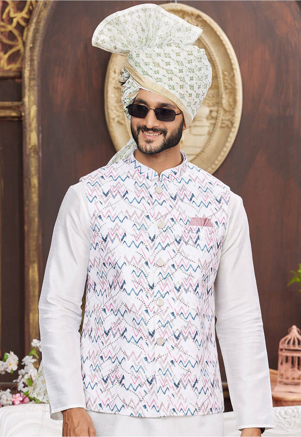 Buy Digital Printed Art Silk Nehru Jacket in Off White Online : MLY2290 - Utsav Fashion