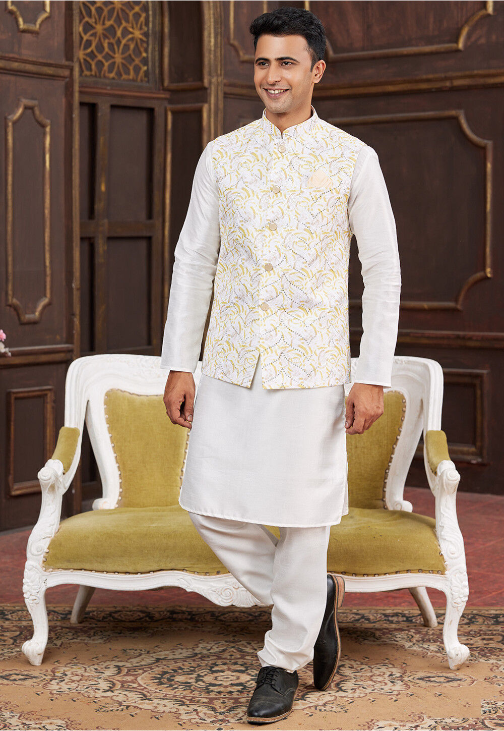 Buy Digital Printed Art Silk Nehru Jacket in Off White Online : MLY2301 - Utsav Fashion