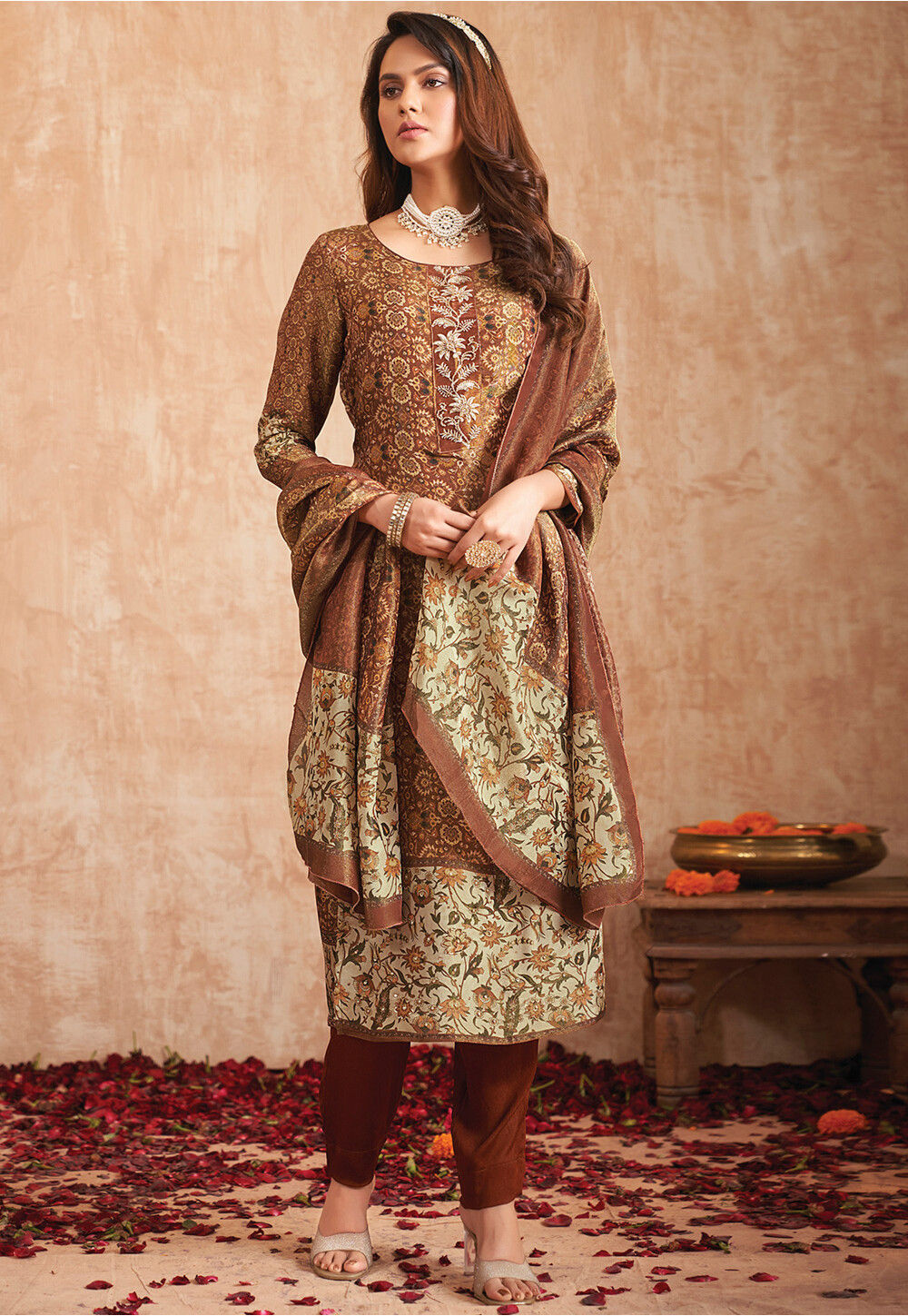 Buy Digital Printed Art Silk Pakistani Suit in Brown Online : KPV1862 ...