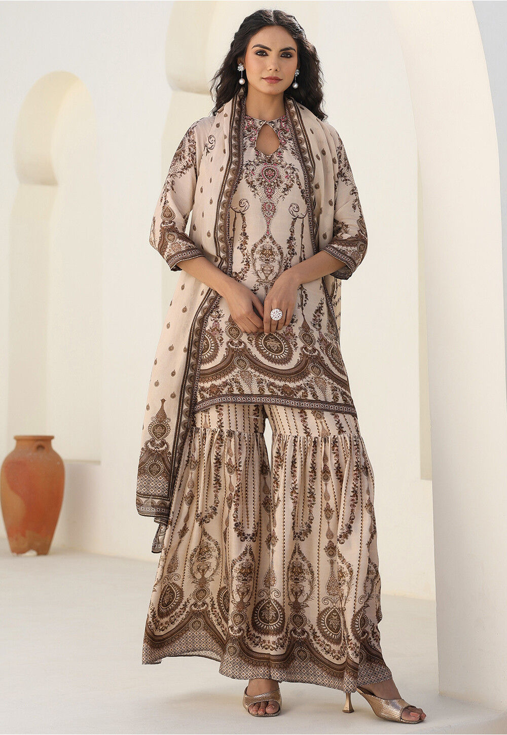 Buy Digital Printed Art Silk Pakistani Suit in Cream Online : KLB332 - Utsav Fashion