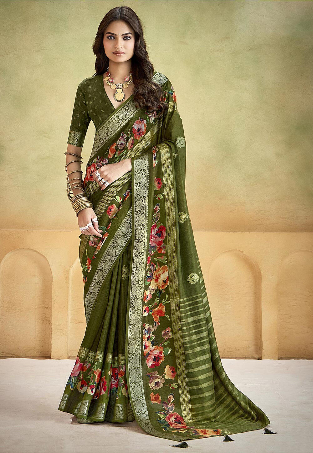 Buy Digital Printed Art Silk Saree in Olive Green Online : SSEA5636 ...
