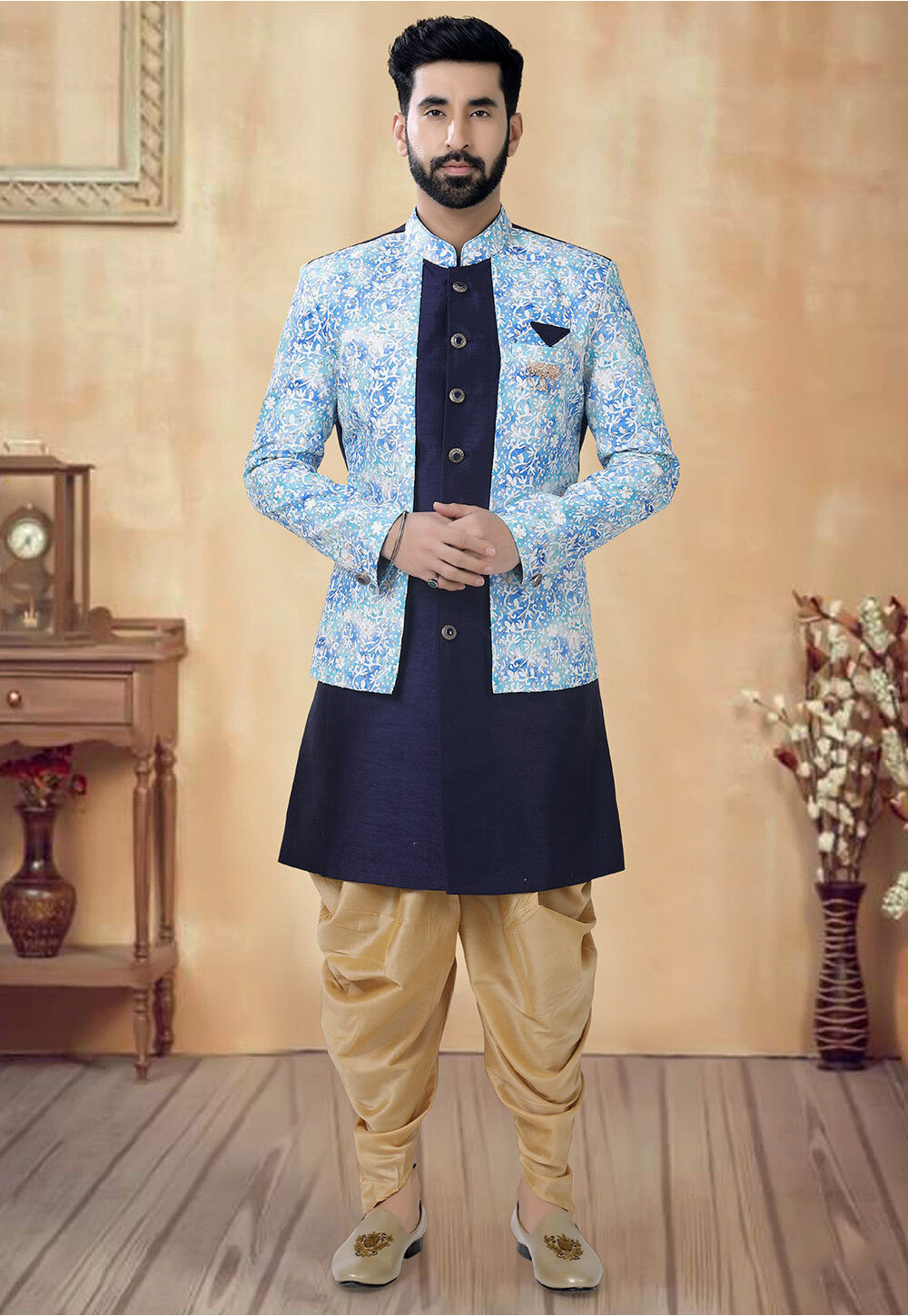 Buy Digital Printed Art Silk Sherwani in Navy Blue and Light Blue ...