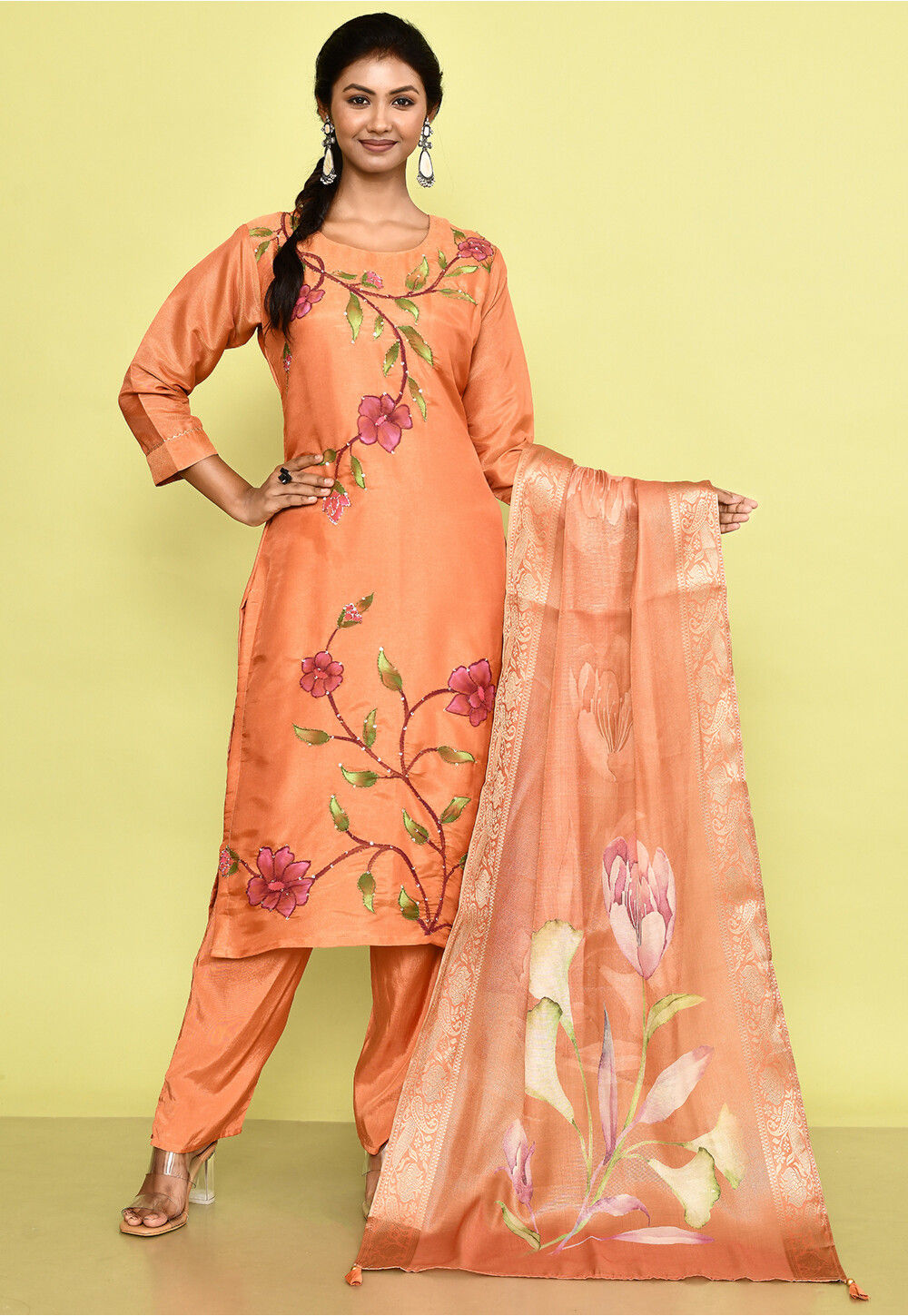 Buy Digital Printed Art Silk Shimmer Pakistani Suit in Orange Online ...