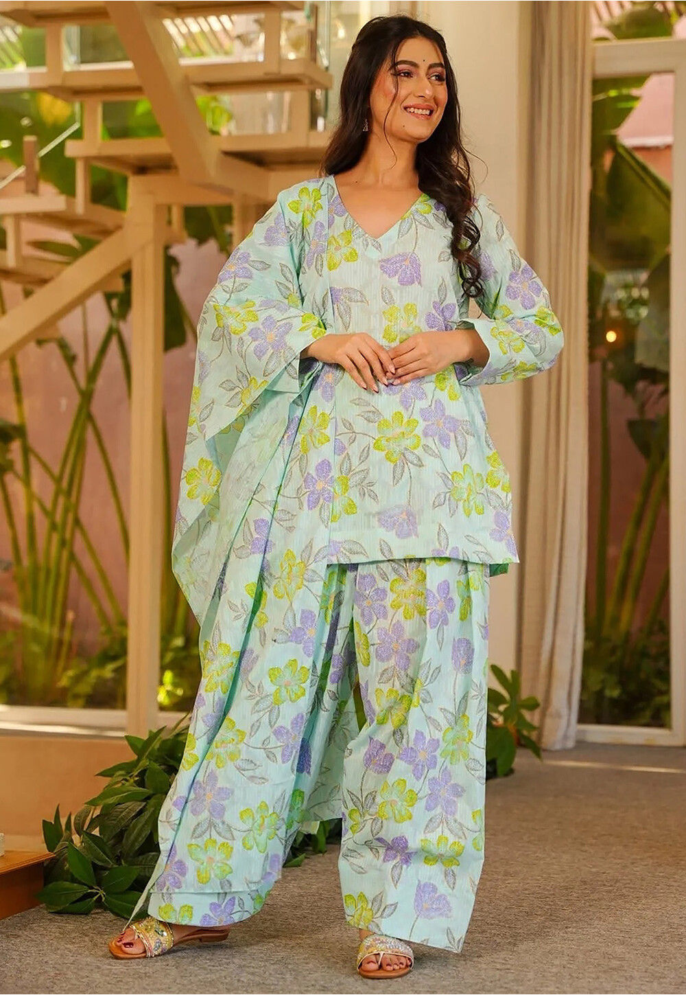 Buy Digital Printed Cambric Cotton Farshi Pakistani Suit in Sea Green ...