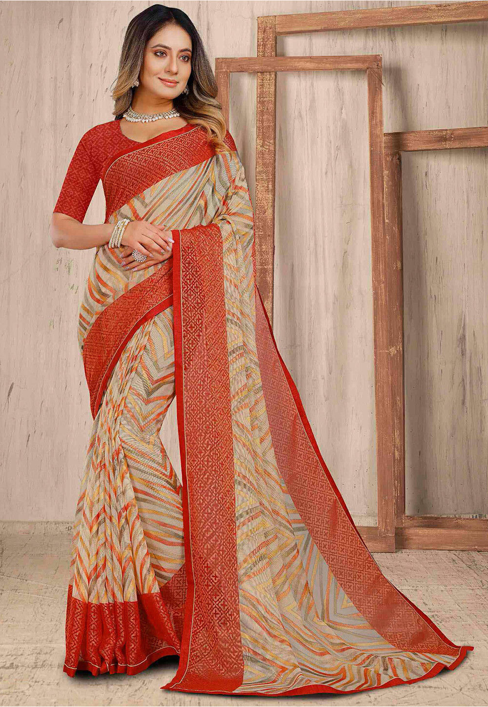 Buy Digital Printed Chiffon Brasso Saree in Cream Online : SSEA5286 ...