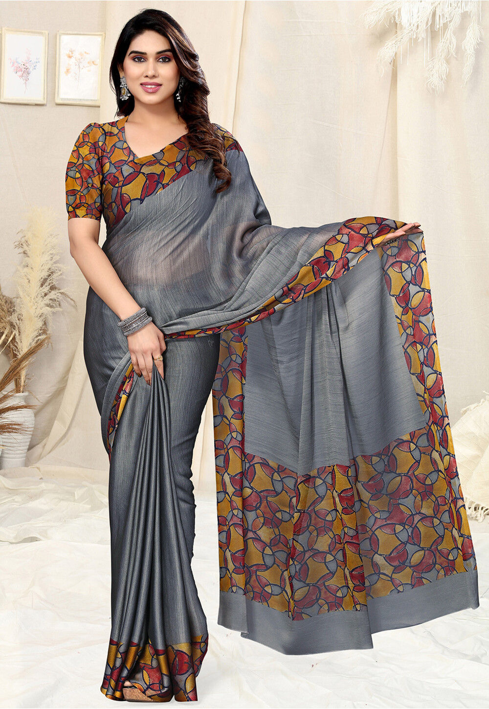 Digital Printed Chiffon Saree in Grey : SJRA6413