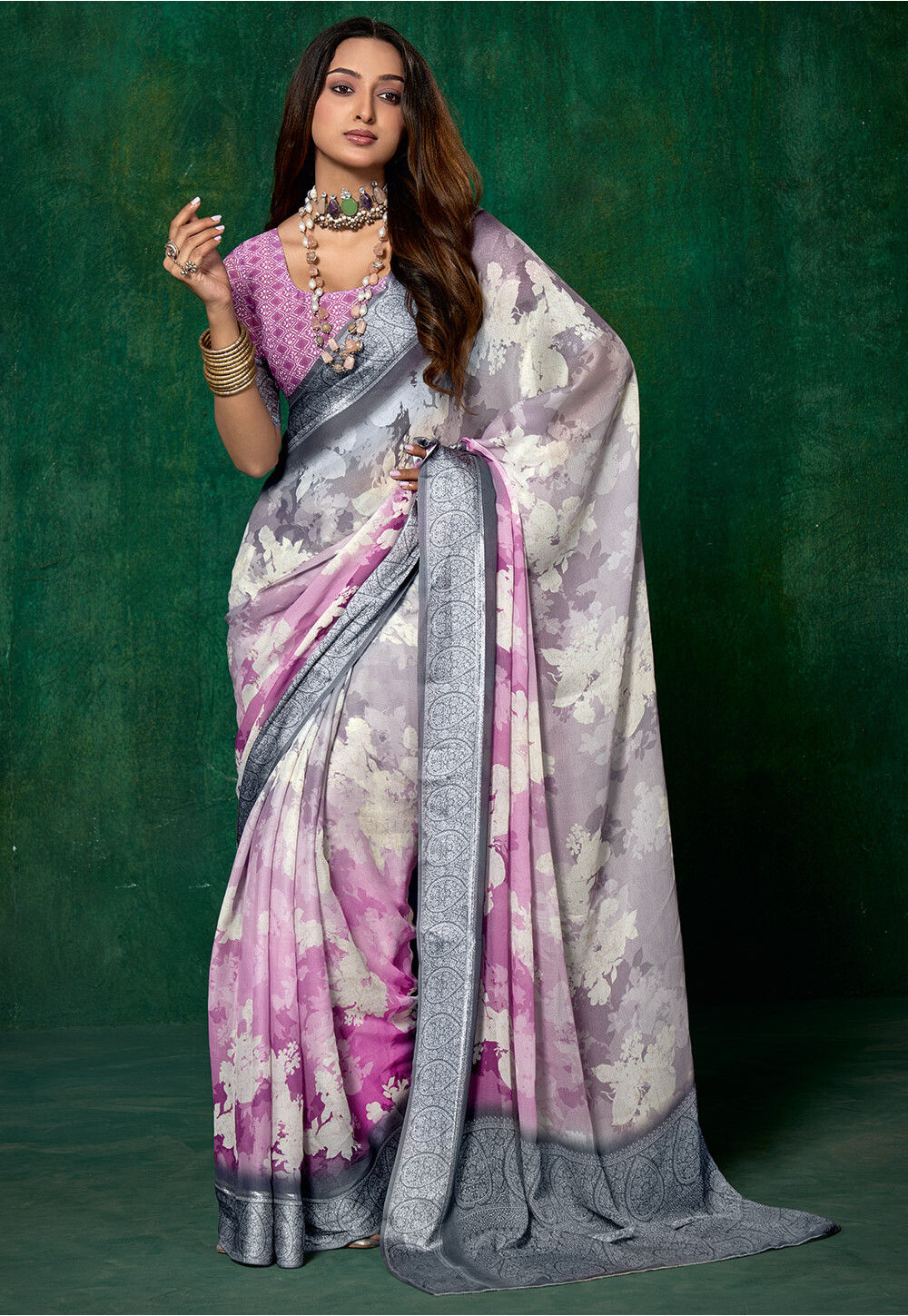 Buy Digital Printed Chiffon Saree in Shaded Grey and Pink Online ...