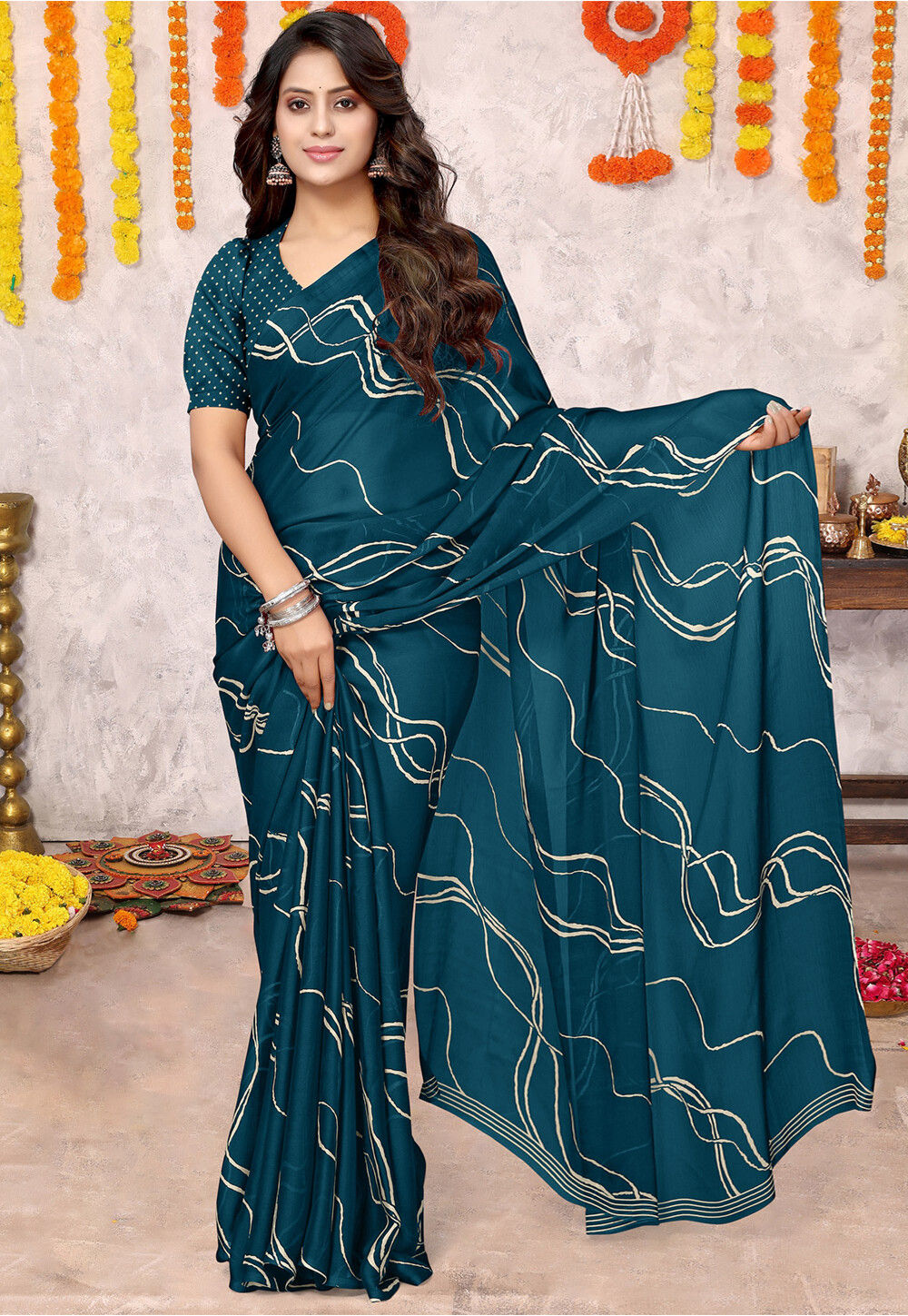 Buy Digital Printed Chiffon Saree in Teal Blue Online : SJRA6885 ...