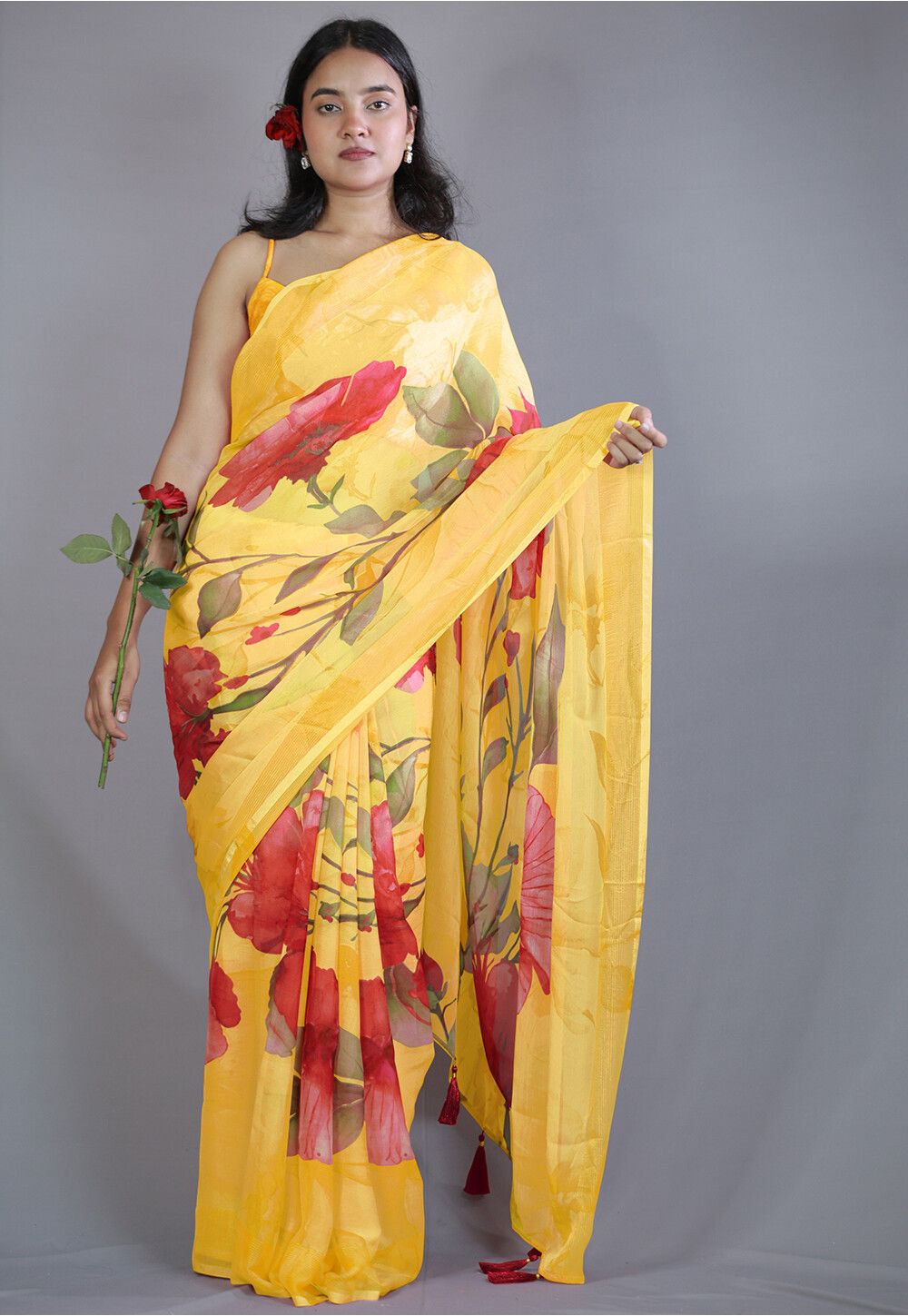 Buy Digital Printed Chiffon Saree in Yellow Online : SJRA7349 - Utsav ...