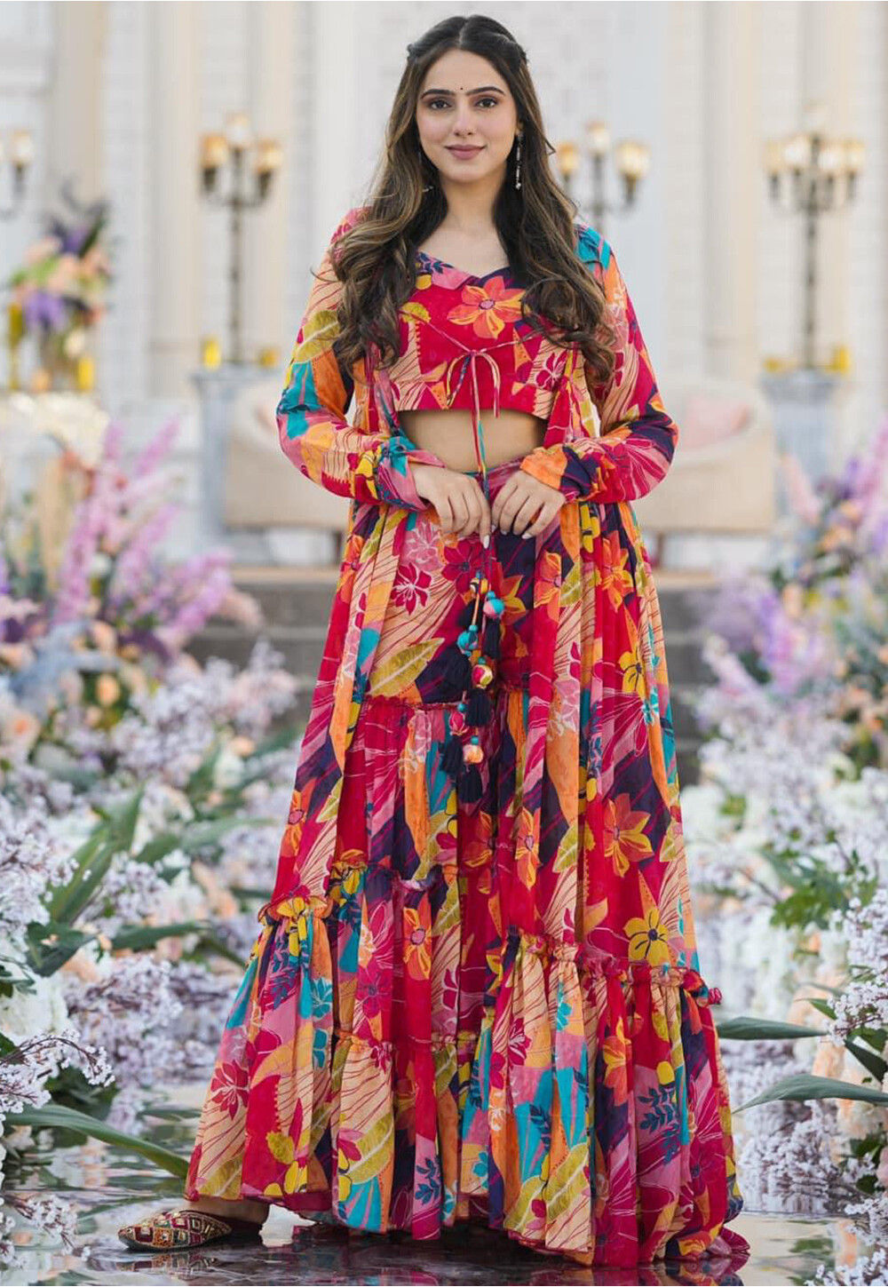 Buy Digital Printed Chinon Chiffon Crop Top Set in Fuchsia Online ...