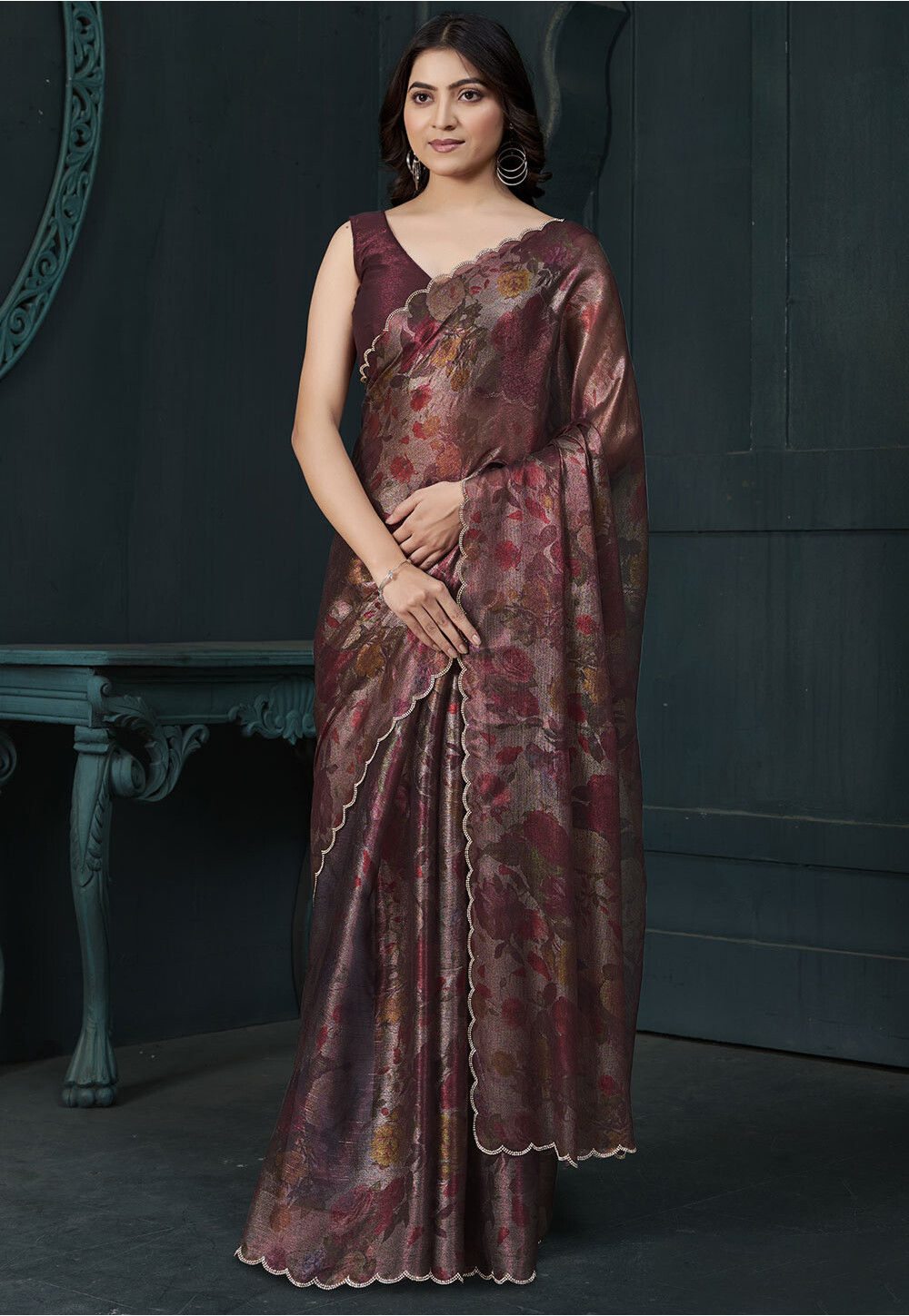 Buy Digital Printed Chinon Chiffon Shimmer Scalloped Saree in Maroon ...