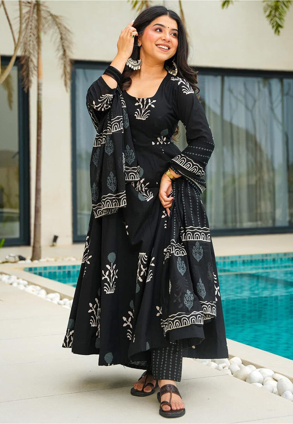 Buy Digital Printed Cotton A Line Suit in Black Online : KFA251 - Utsav ...