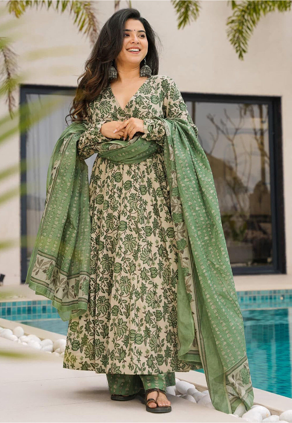 Buy Digital Printed Cotton A Line Suit in Cream Online : KFA252 - Utsav ...