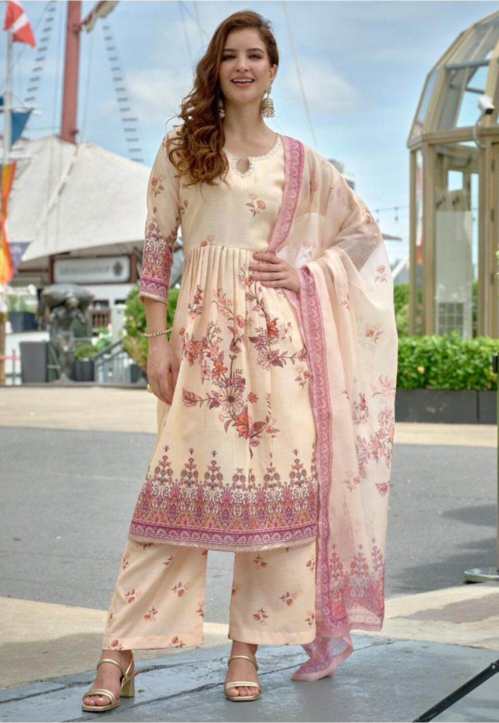 Buy Digital Printed Cotton A Line Suit in Cream Online : KHX135 - Utsav ...
