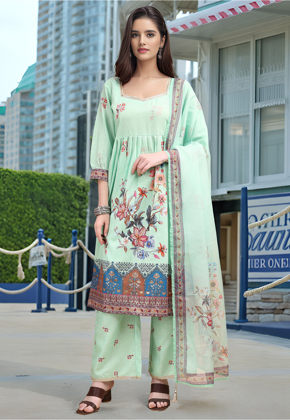Buy Digital Printed Cotton A Line Suit in Sea Green Online : KHX123 ...