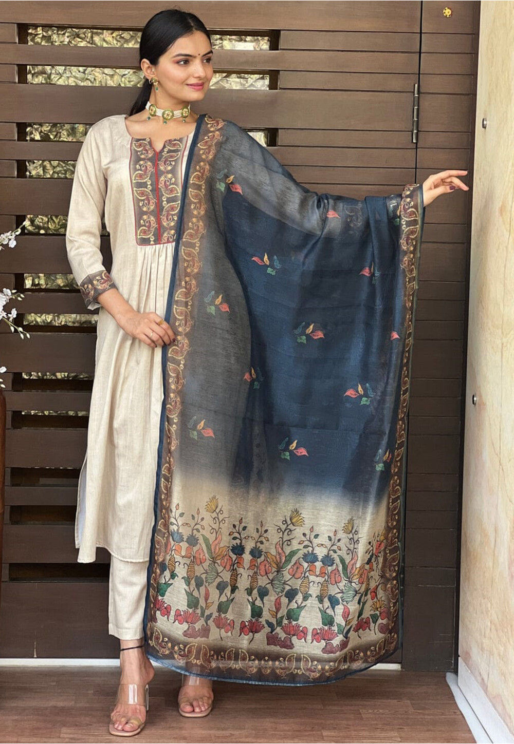 Buy Digital Printed Cotton A Line Suits in Off White Online : KJC4946 ...