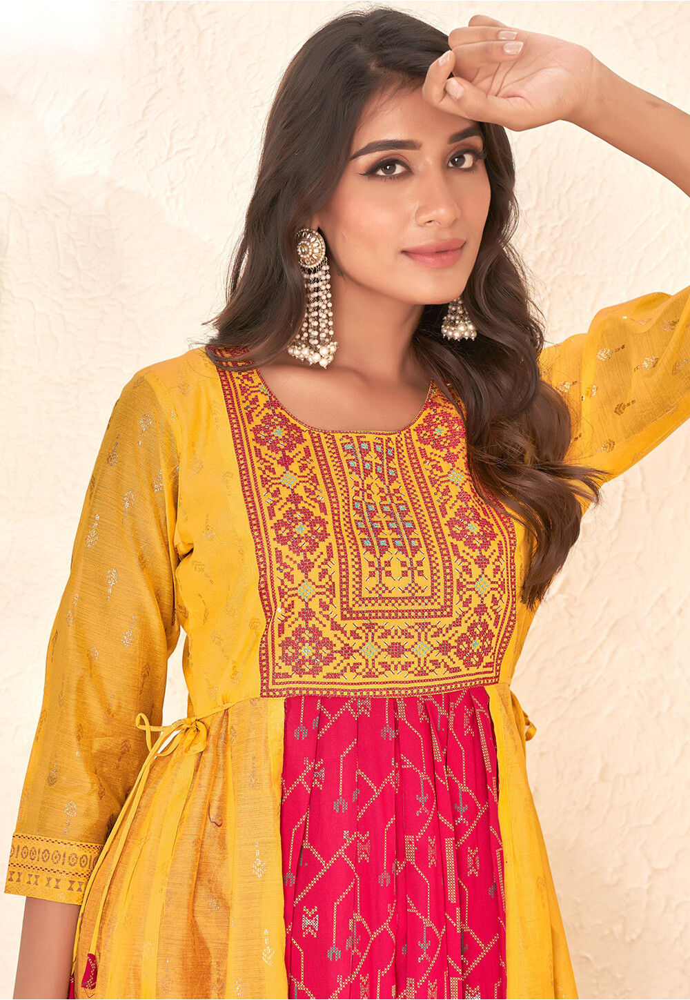 Buy Digital Printed Cotton Aline Kurta in Mustard and Pink Online ...