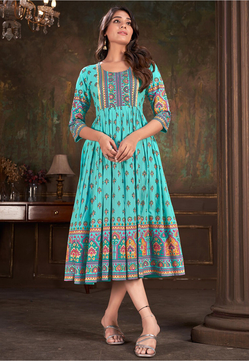 Buy Digital Printed Cotton Aline Kurta in Sky Blue Online : TVF105 ...