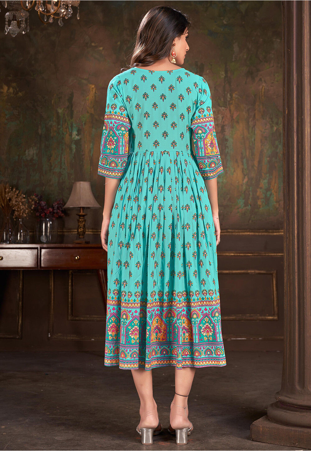 Buy Digital Printed Cotton Aline Kurta in Sky Blue Online : TVF105 ...