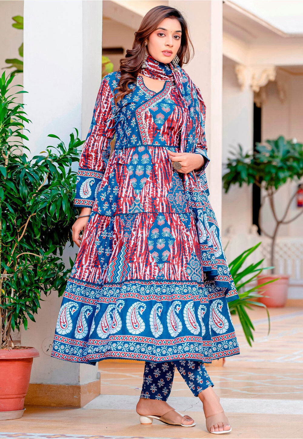 Buy Digital Printed Cotton Aline Suit in Blue and Maroon Online ...