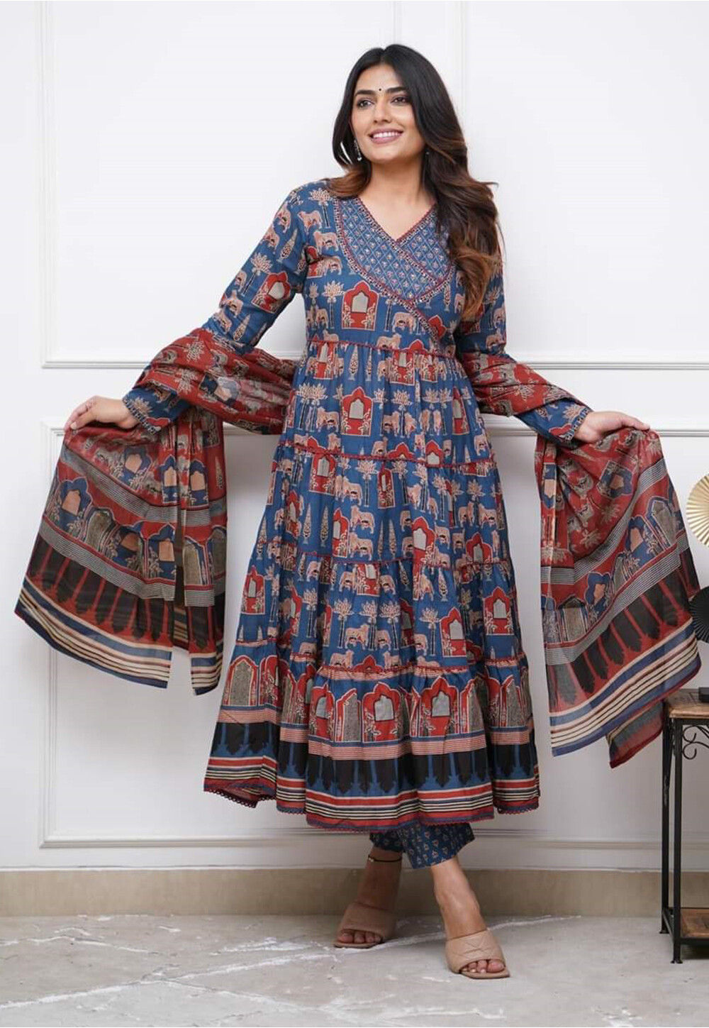 Buy Digital Printed Cotton Aline Suit in Blue Online : KFB138 - Utsav ...