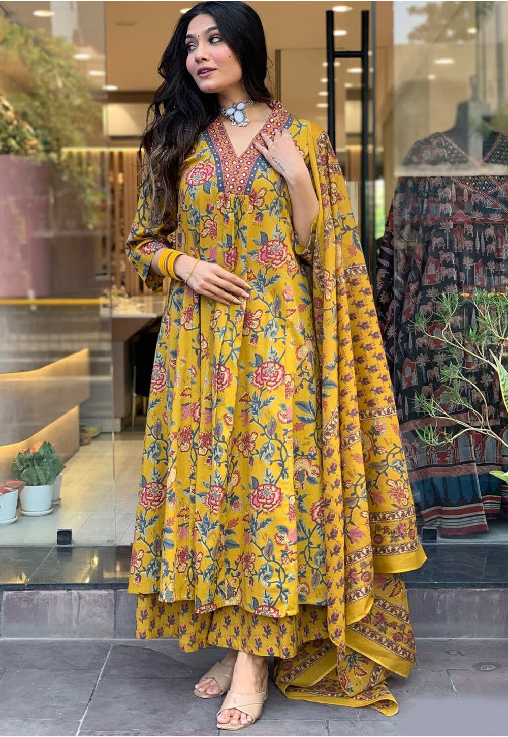 Buy Digital Printed Cotton Aline Suit in Mustard Online : KRD160 ...