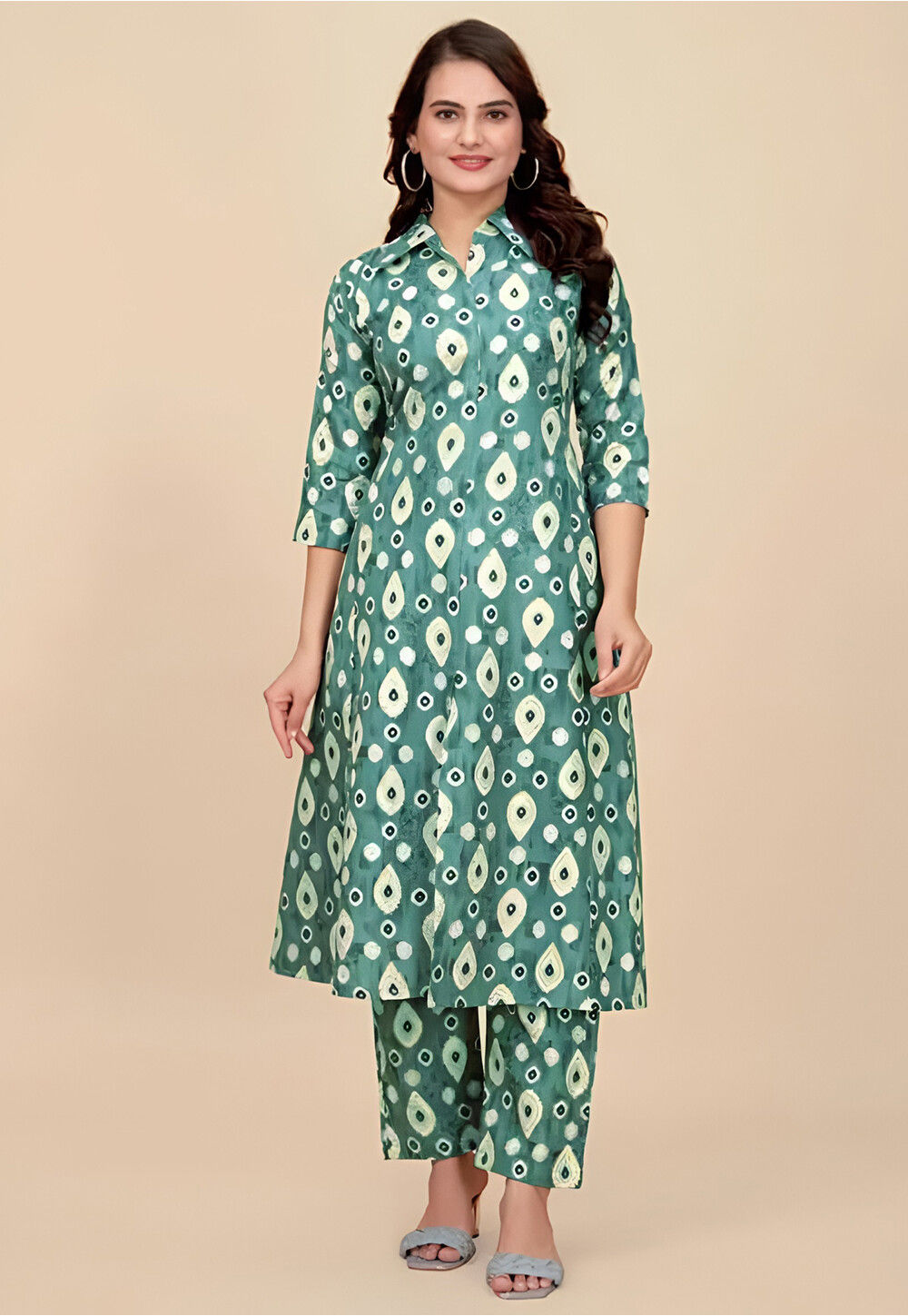 Buy Digital Printed Cotton Front Slit Kurta Set in Sea Green Online ...