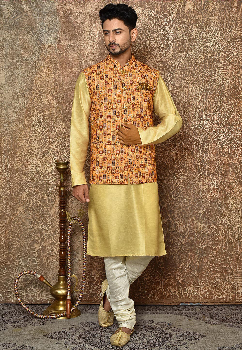 Buy Digital Printed Cotton Linen Nehru Jacket in Mustard Online ...