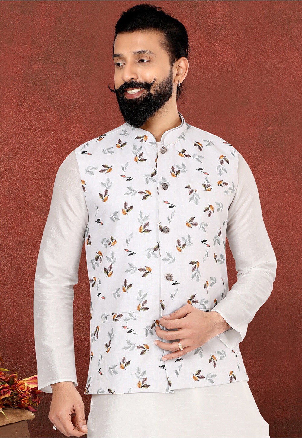 Buy Digital Printed Cotton Nehru Jacket in White Online : MDW185 ...
