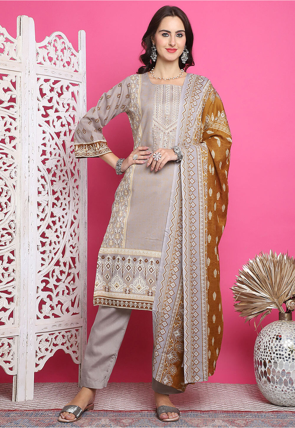 Buy Digital Printed Cotton Pakistani Suit in Grey Online : KJD2350 ...
