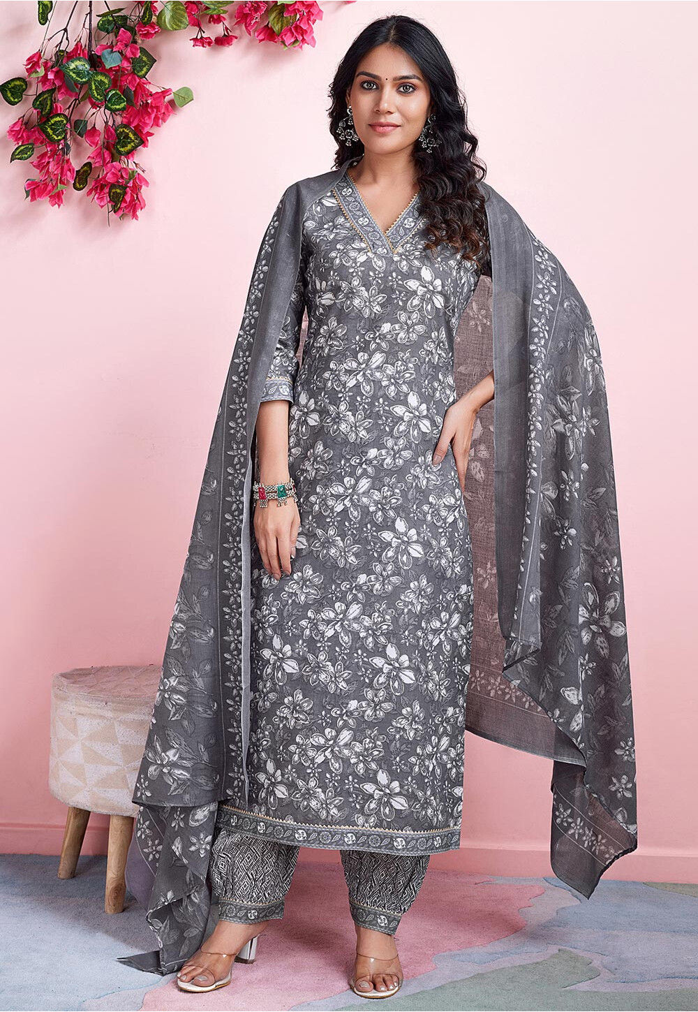 Buy Digital Printed Cotton Pakistani Suit in Grey Online : KRD509 ...