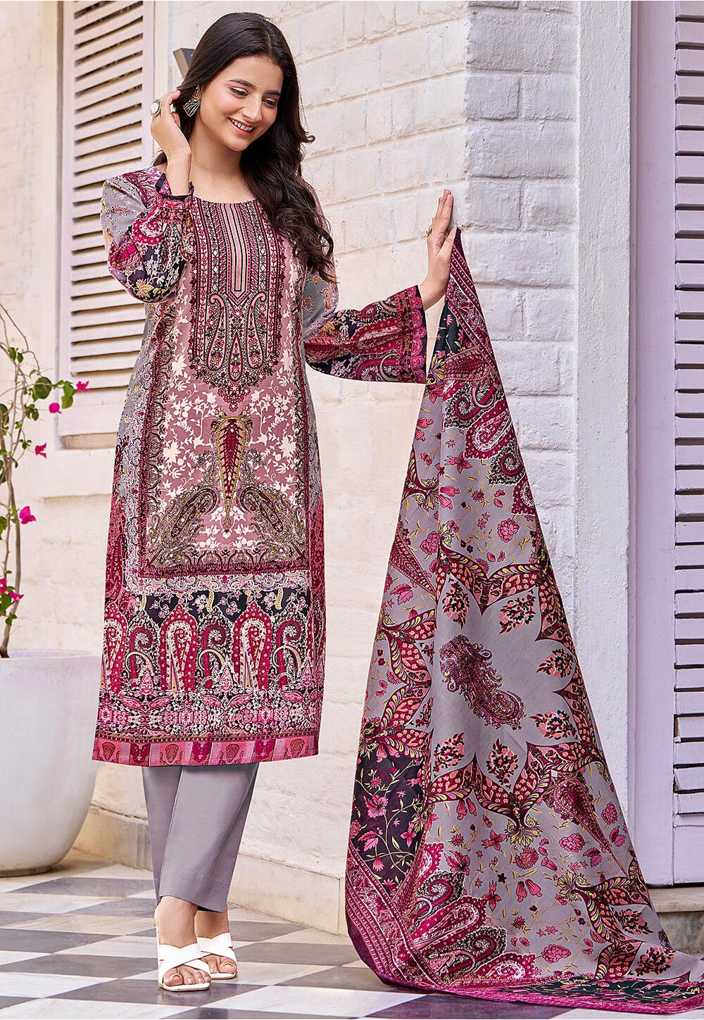 Buy Digital Printed Cotton Pakistani Suit in Grey Online : KRD522 ...