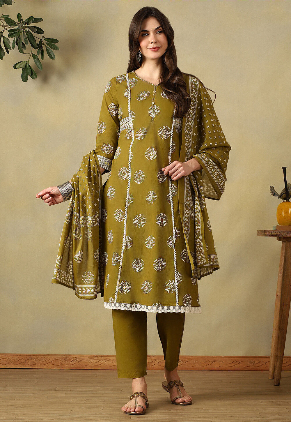 Buy Digital Printed Cotton Pakistani Suit in Olive Green Online ...