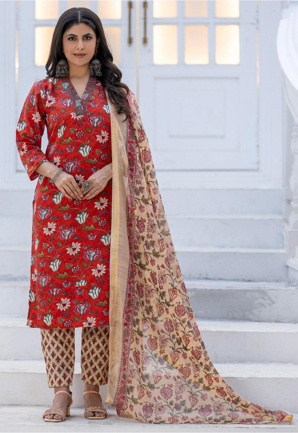 Buy Digital Printed Cotton Pakistani Suit in Red Online : KBNQ6653 ...