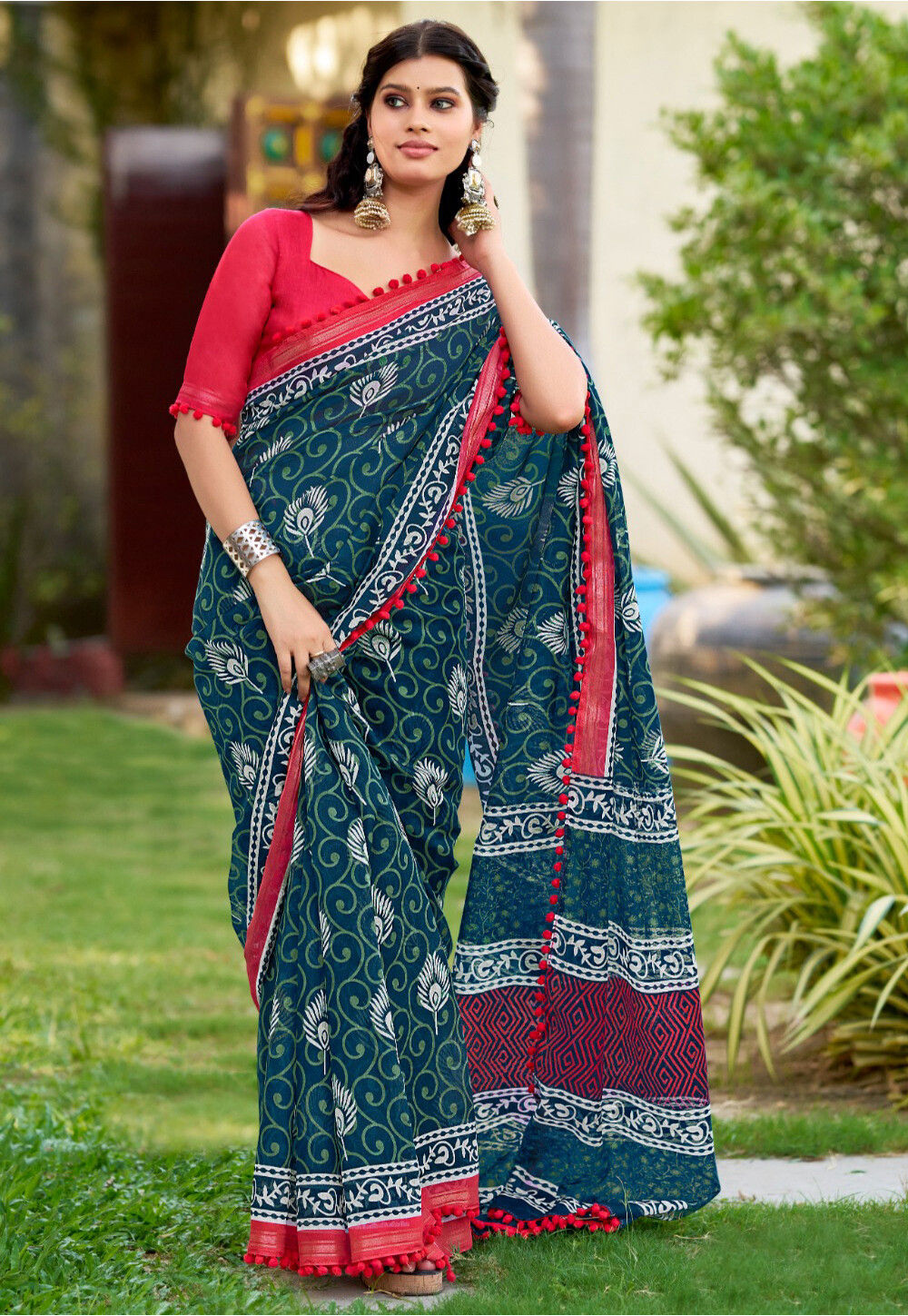 Buy Digital Printed Cotton Saree in Teal Blue Online : SSEA5555 - Utsav ...