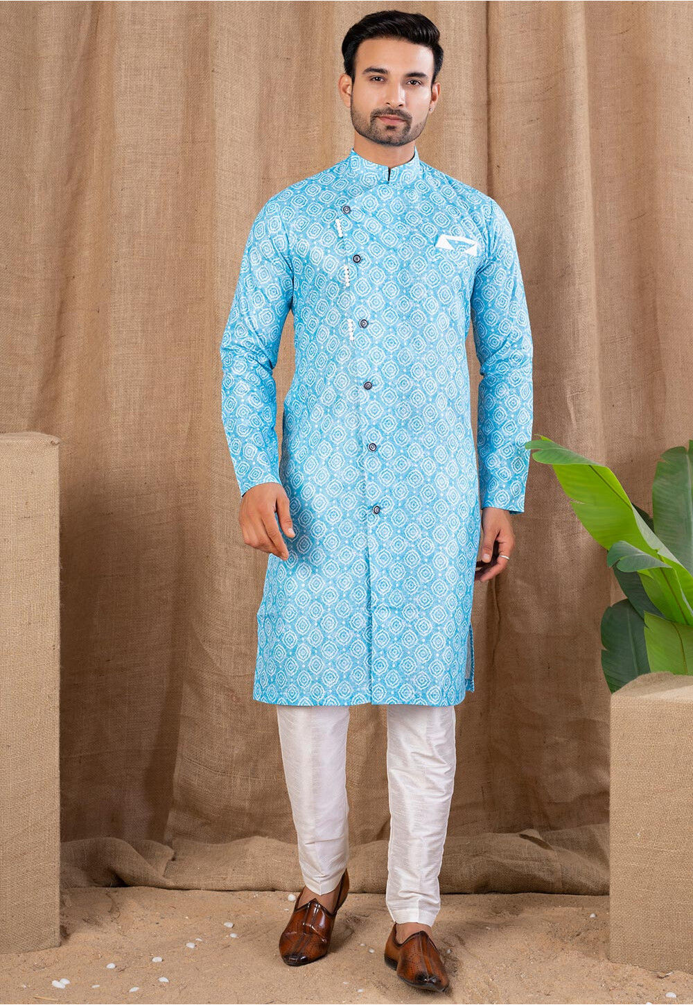 Buy Digital Printed Cotton Silk Kurta Set in Light Blue Online ...
