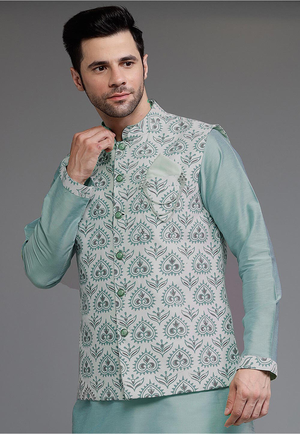 Buy Digital Printed Cotton Silk Nehru Jacket in Light Blue Online ...
