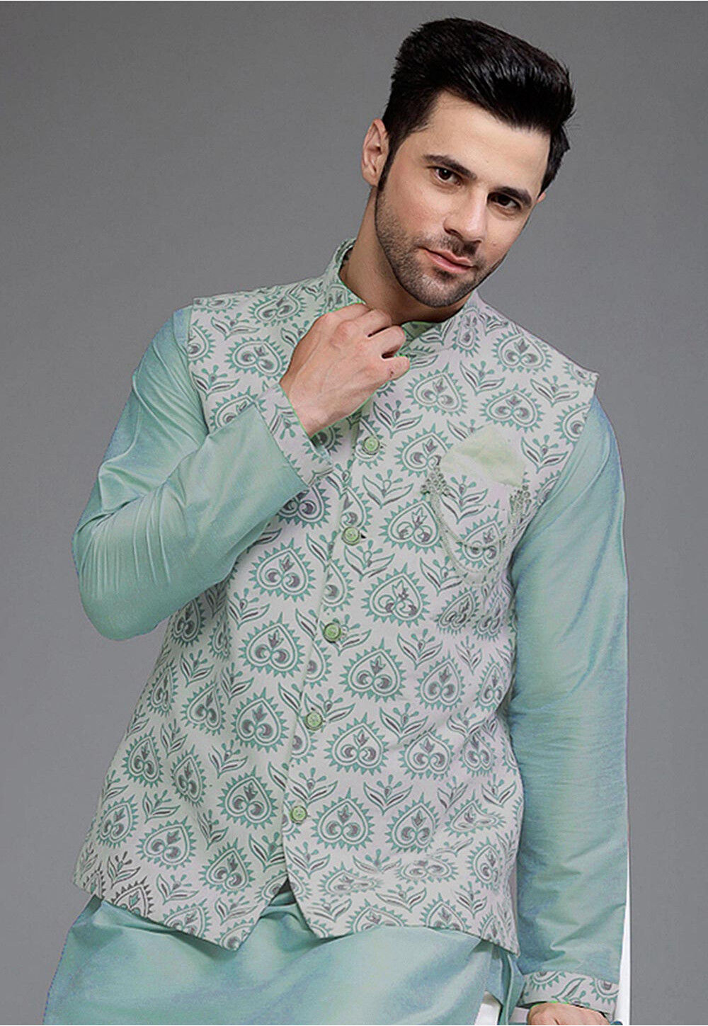 Buy Digital Printed Cotton Silk Nehru Jacket in Light Blue Online ...