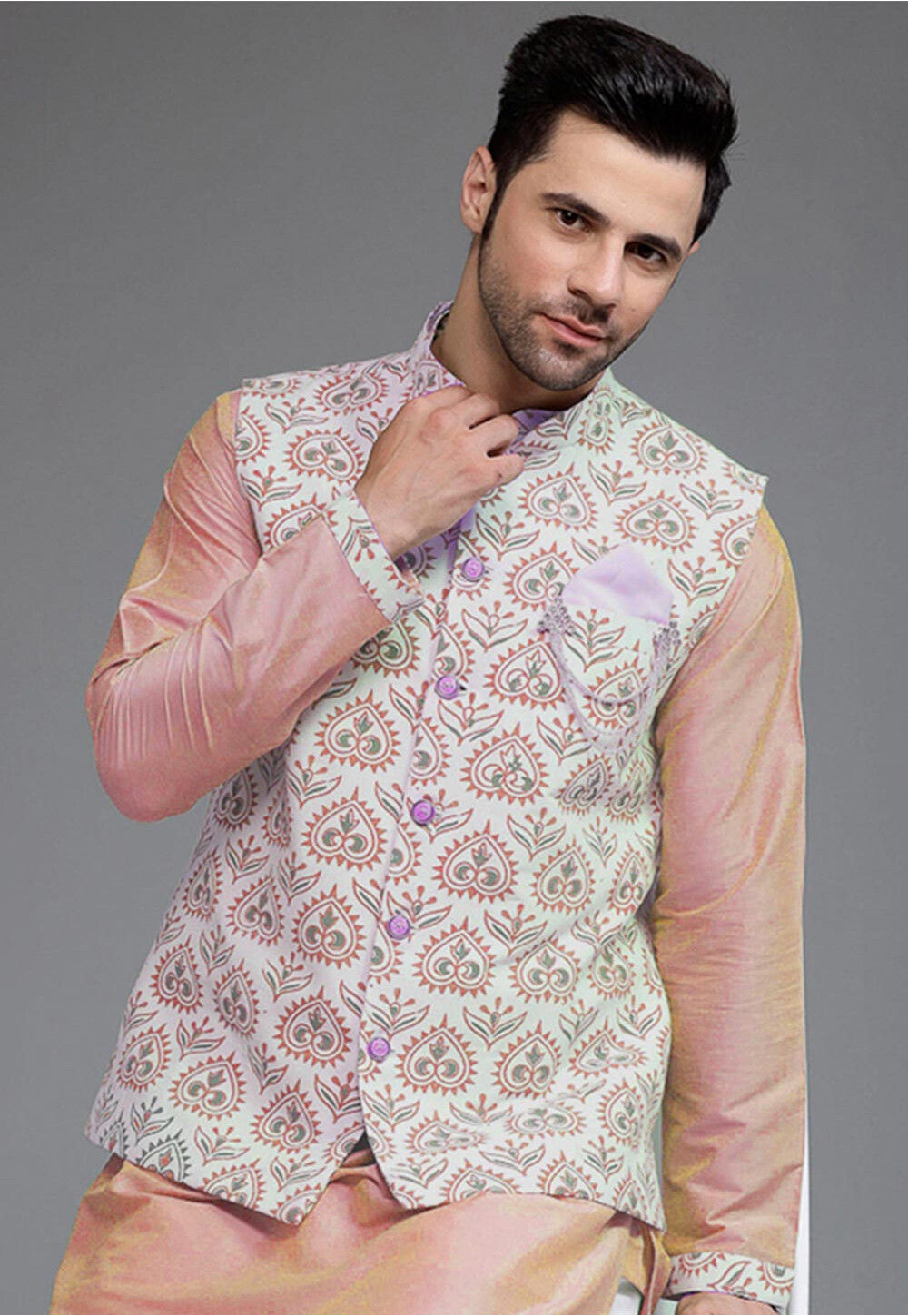Buy Digital Printed Cotton Silk Nehru Jacket in Off White Online : MXX881 - Utsav Fashion