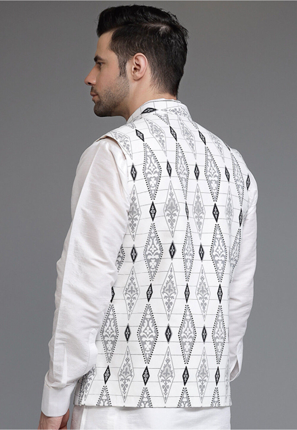 Buy Digital Printed Cotton Silk Nehru Jacket in Off White Online : MXX361 - Utsav Fashion