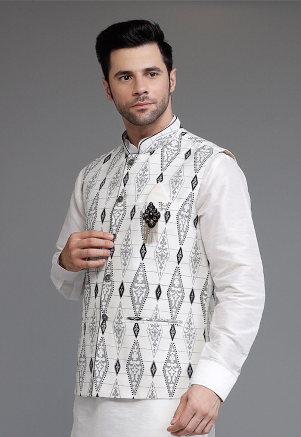Buy Digital Printed Cotton Silk Nehru Jacket in Off White Online : MXX361 - Utsav Fashion