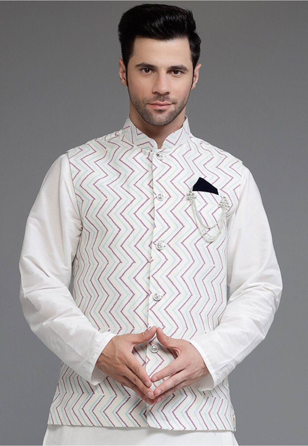 Buy Digital Printed Cotton Silk Nehru Jacket in Off White Online : MXX367 - Utsav Fashion