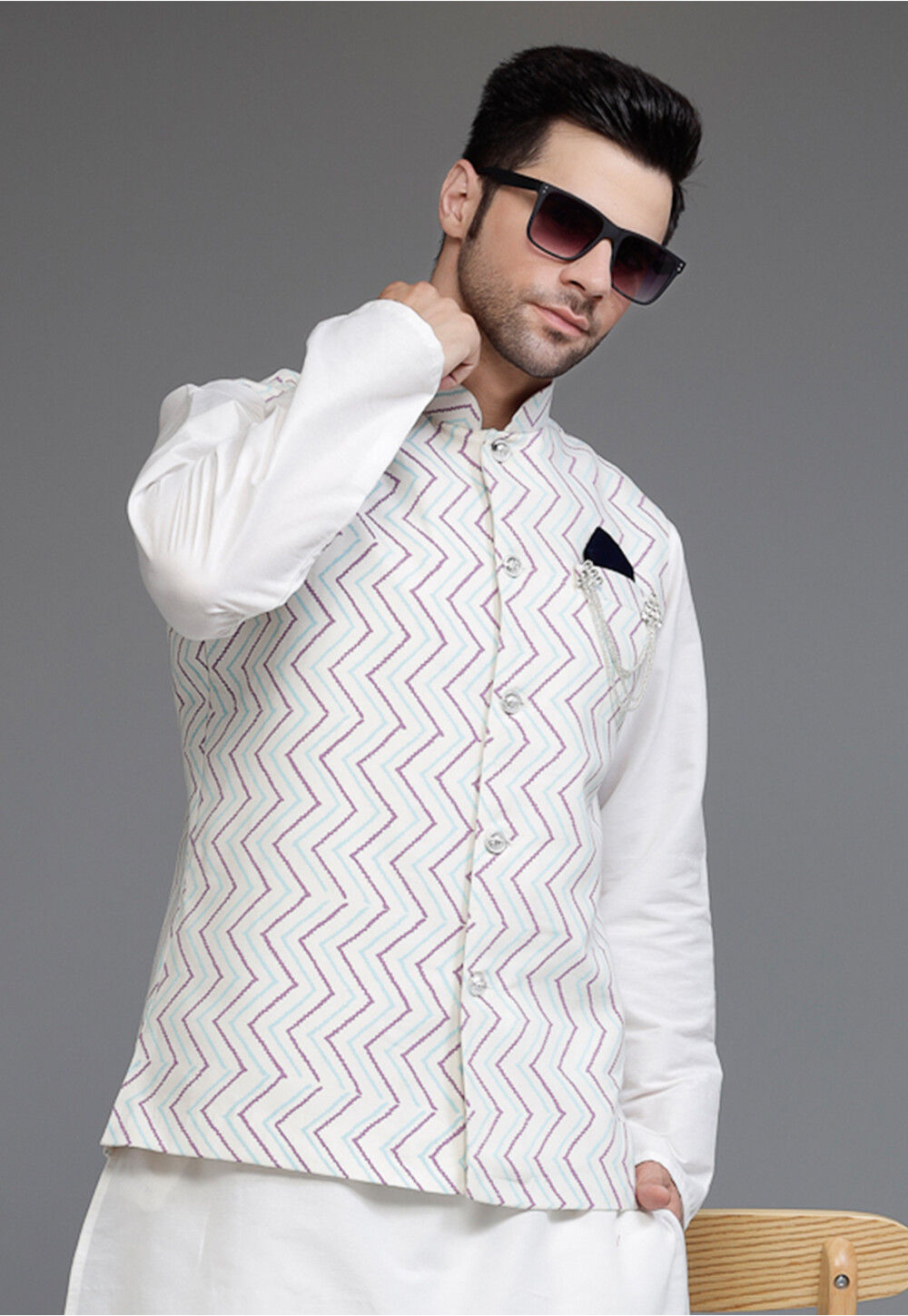 Buy Digital Printed Cotton Silk Nehru Jacket in Off White Online : MXX367 - Utsav Fashion
