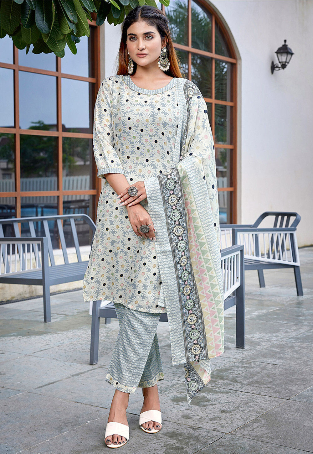 Buy Digital Printed Cotton Slub Pakistani Suit in Light Grey Online ...